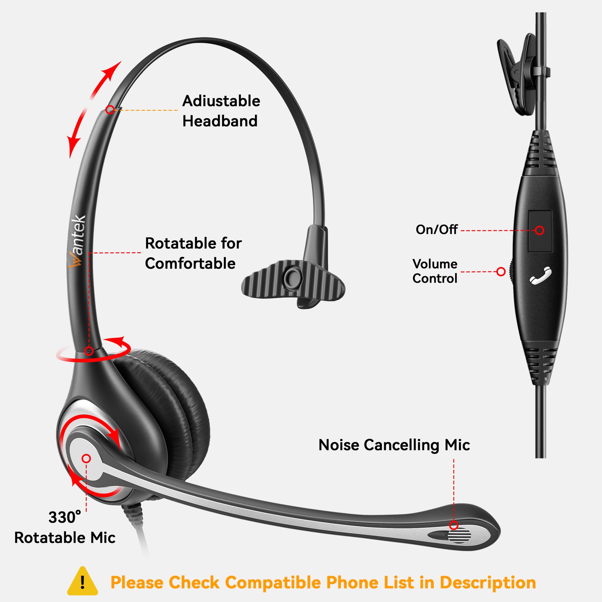 Wantek Cell Phone Headset Mono with Noise Canceling Mic, Wired Computer Headphone for iPhone Samsung Huawei HTC LG ZTE BlackBerry Smartphones and Laptop PC Mac Tablet with 3.5mm Jack(F600J35)