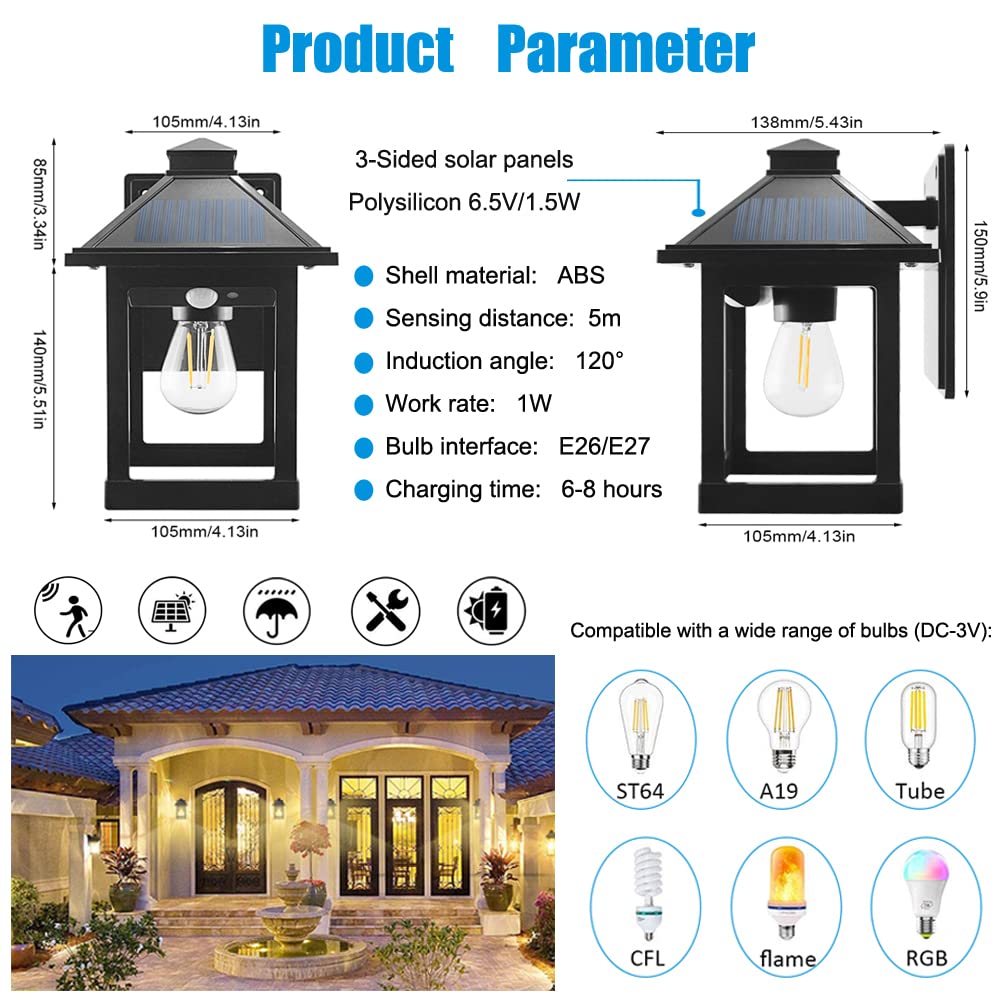 Solar Wall Lanterns Light Outdoor with 3 Modes, GEYUEYA 2 Pack Wireless Solar Motion Sensor LED Wall Sconce Lights Waterproof Warm Lighting Porch Light Fixtures for Patio Porch Garden Yard - No Glass