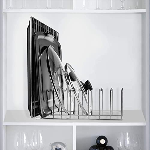 SANNO Pot Lid Holder Organizer, Rack Holder Rest Storage, for Pot Lids, Plates, Cutting Boards, Bakeware, Cooling Rack, Serving Trays, Total 8 Compartments, Stainless Steel