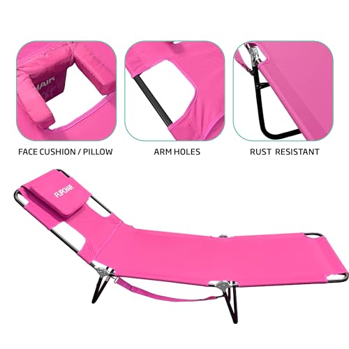 Face Down Tanning Chaise Lounge Chair - Face & Arm Holes - 2 Legs Support - Polyester Material β Backrest Positions - Head Rest Pillow - Beach or Home Use - Read and Tan - Pink Stripes Pattern