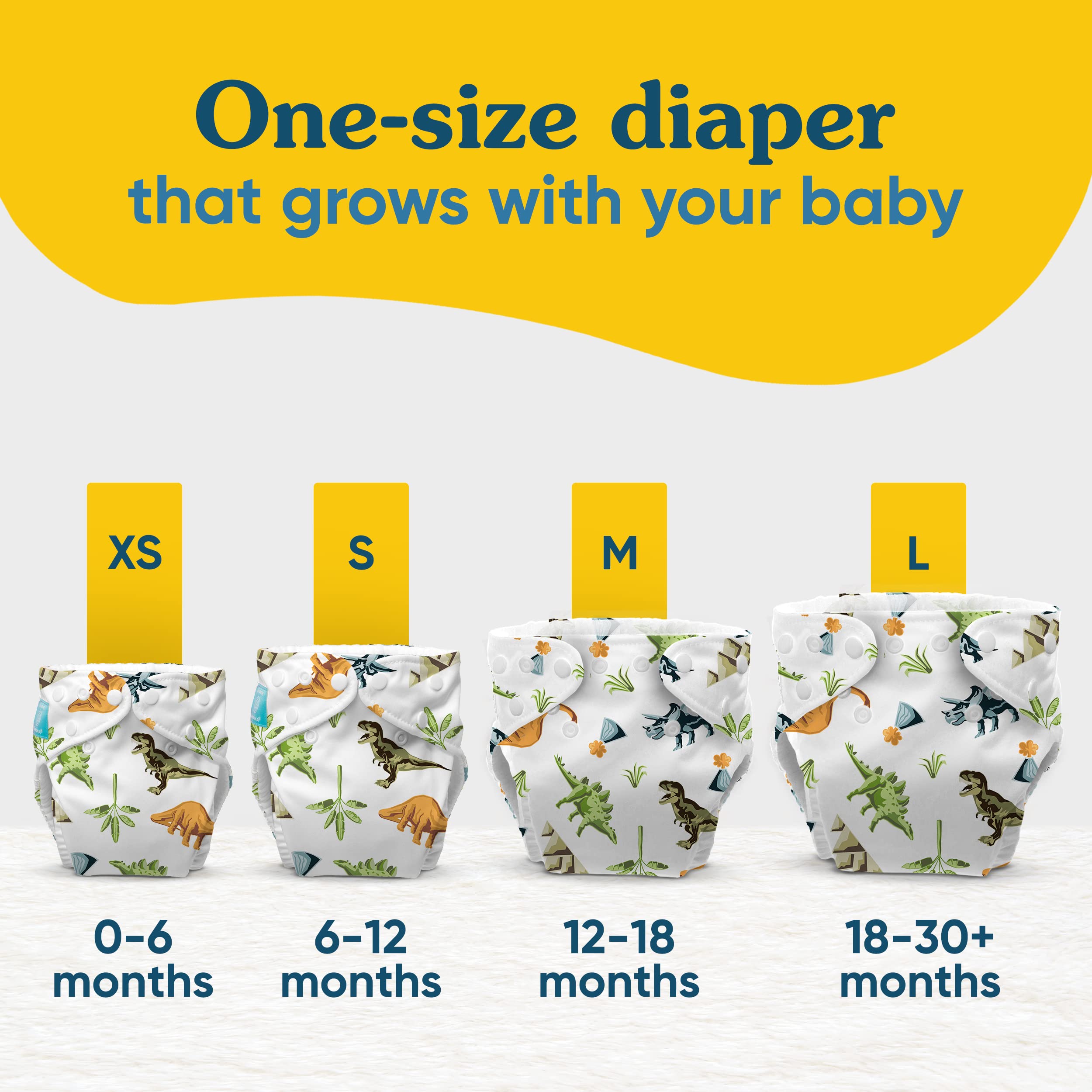 Charlie Banana Baby Washable and Reusable Cloth Diapers, 1 Soft Pocket Diapers and 2 Absorbent Inserts, One-Size, Dinosaurs