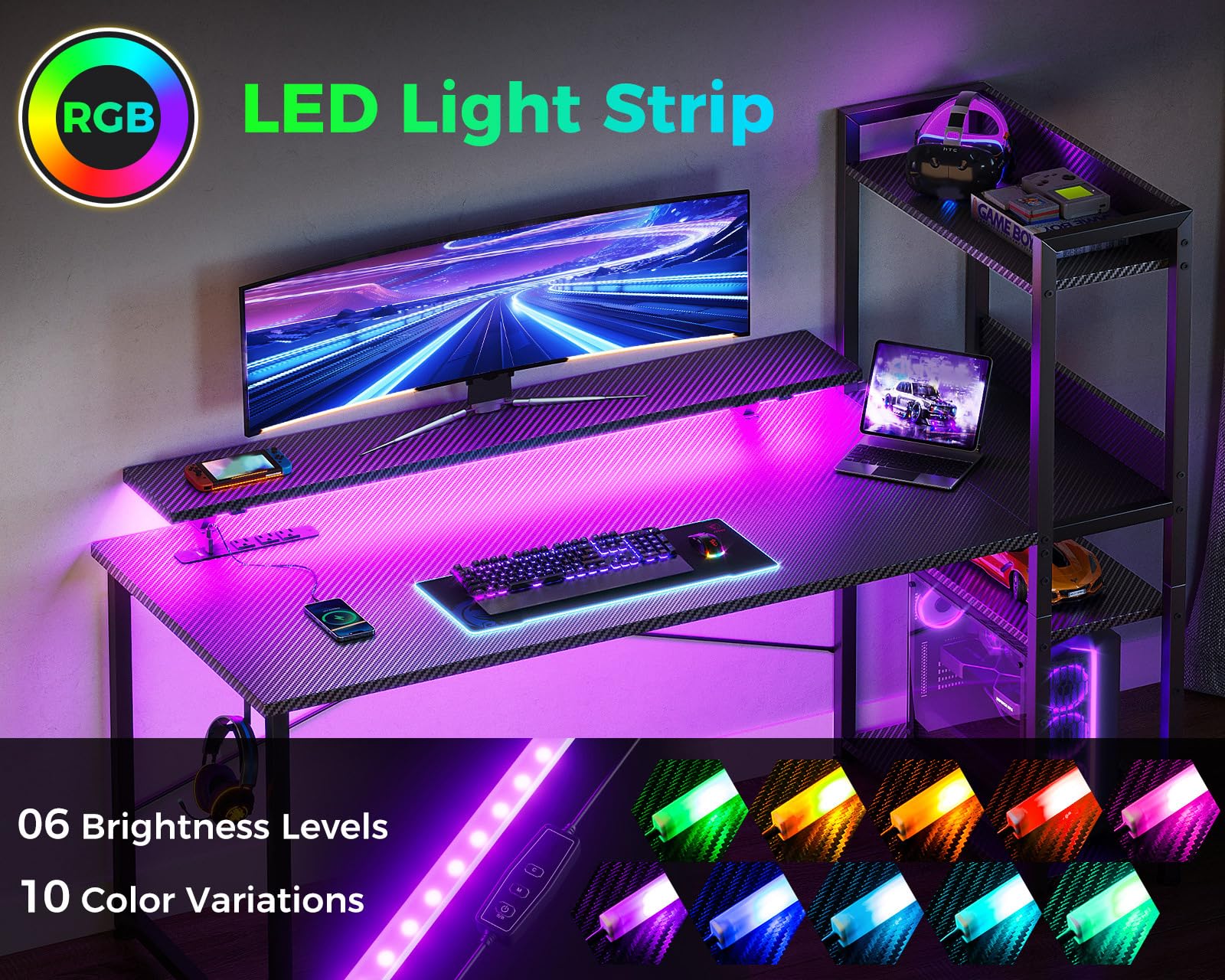 ODK Reversible Gaming Desk with USB Charging Port and LED Lights, 40 Inch Computer Desk with Storage Shelves & Monitor Stand, Study Table for Home Office, Small Space Bedroom, Carbon Fiber Black