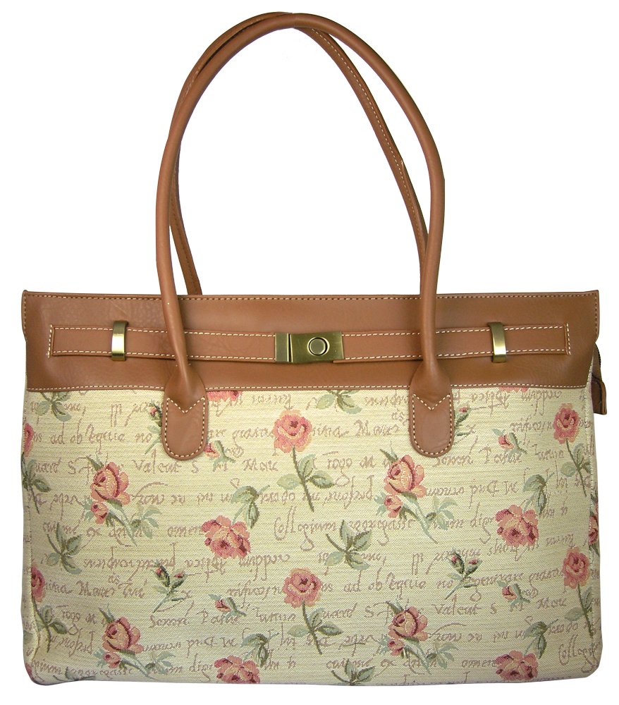 BANBERRY DESIGNS Pink Rose Tapestry Tote Bag With Brass Buckles 15