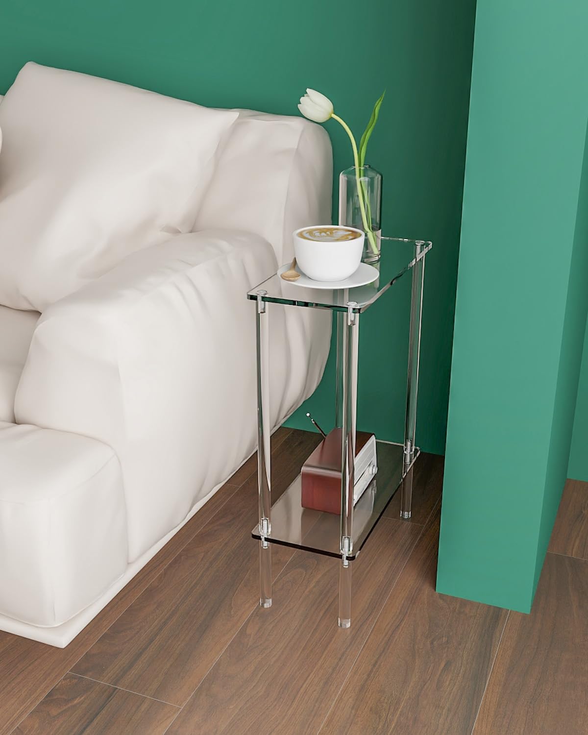 Acrylic Side Table, 2-Tier Narrow Side Table, Skinny Side Table, Slim Side Tables for Small Spaces, 7" D x 15.7" W x 21.8”H
