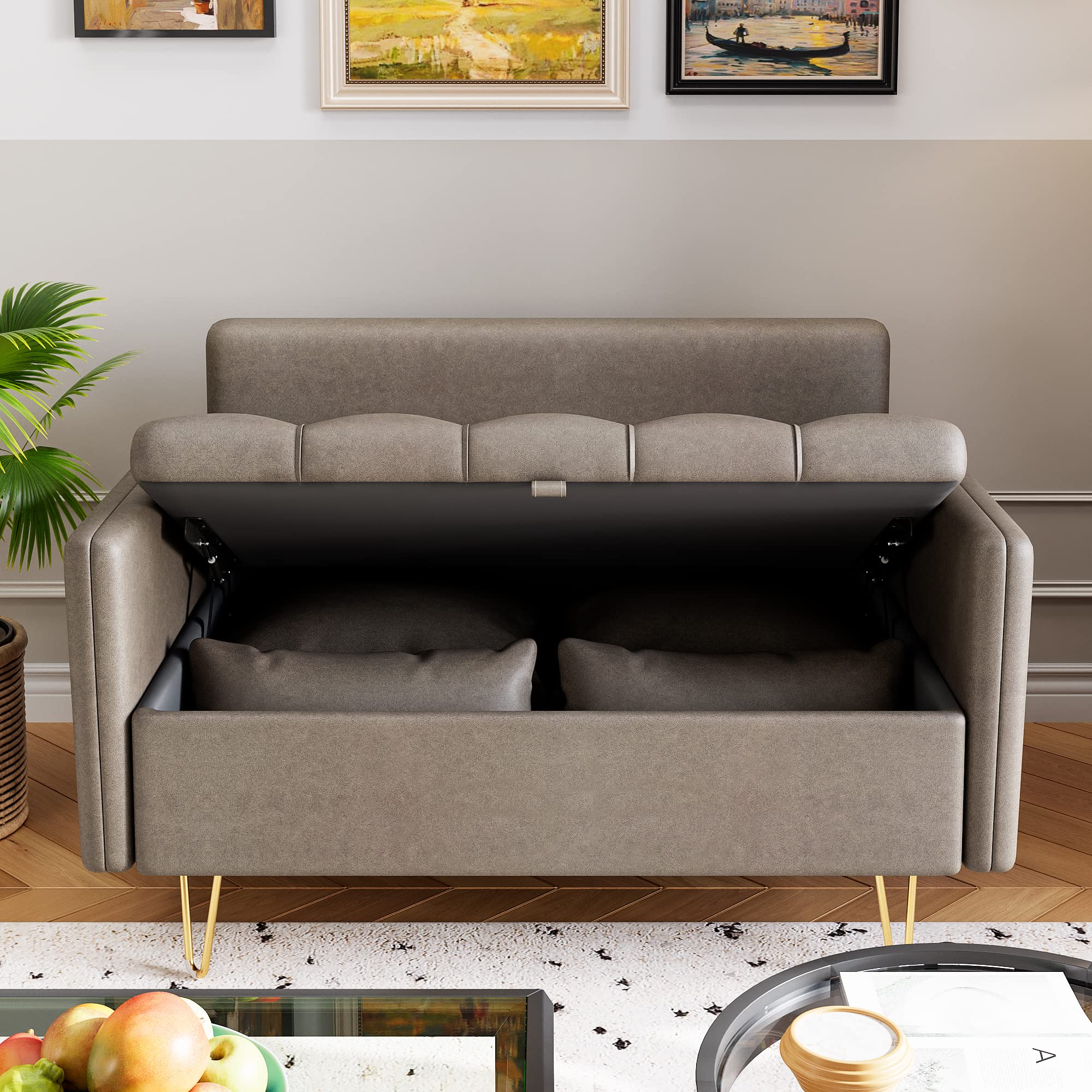 44.5 Inch Small Modern Loveseat Sofa Couch with Storage Under Seat Cushion, Comfy Leather Fabric 2-Seat Sofa with 4 Pillows,Memory Foam, for Small Spaces, Living Room, Bedroom, Dark Brown