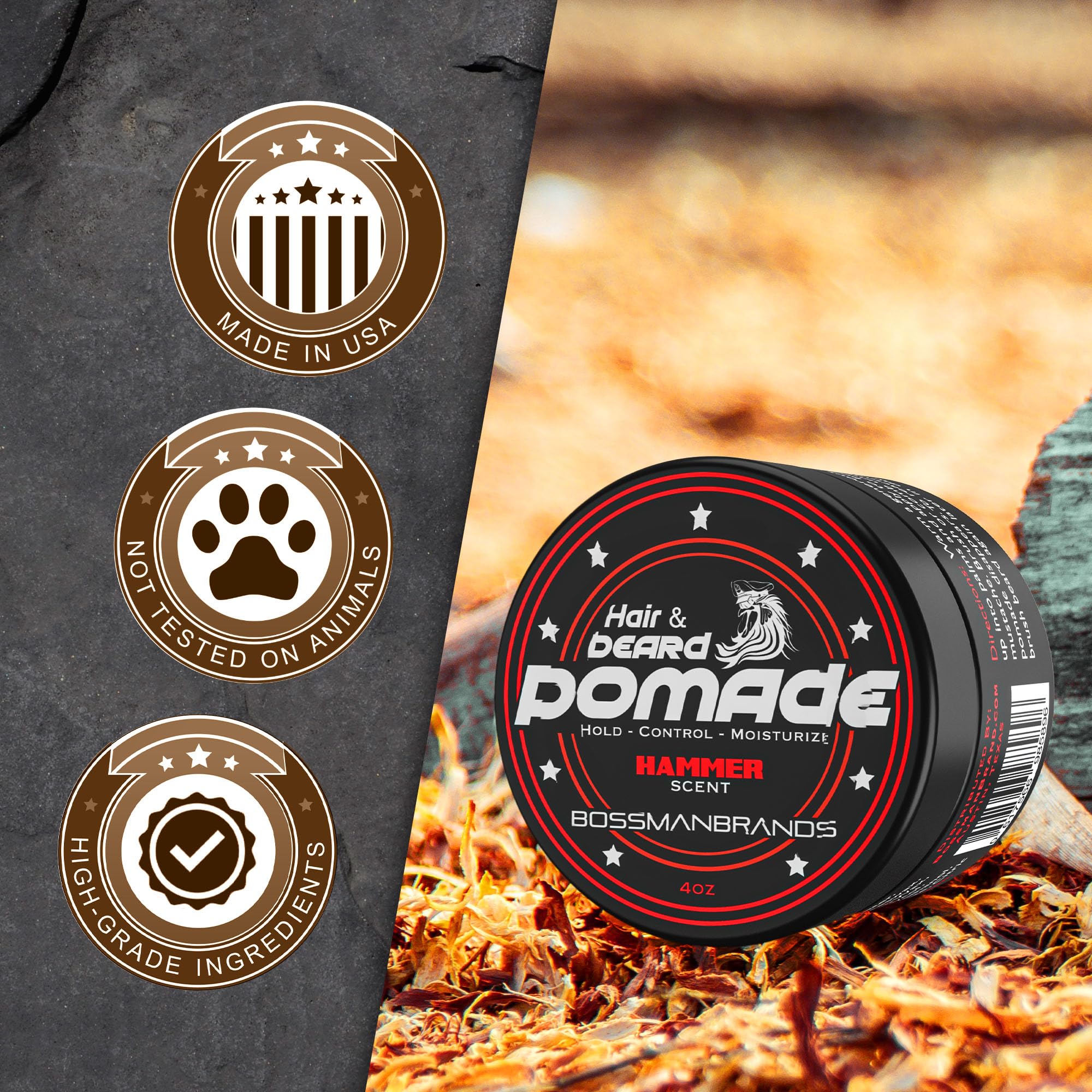Bossman Hair & Beard Pomade - Gift for Valentine's Day for Him - All Day Hold, Control and Moisturizing Hair, Beard and Moustache Styling Product - Natural Strong Hold Pomade (Hammer Scent)