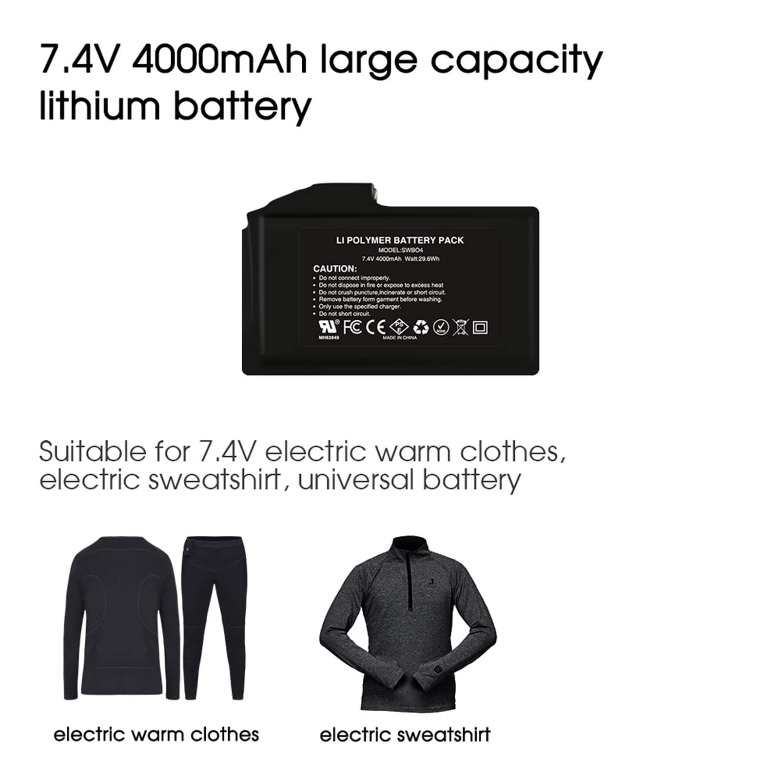 J JINPEI Replacement Battery Rechargeable Lithium Polymer Batteries for Heated Gloves Socks Jacket Clothes Li-ion Battery (4000mah/1PCS)