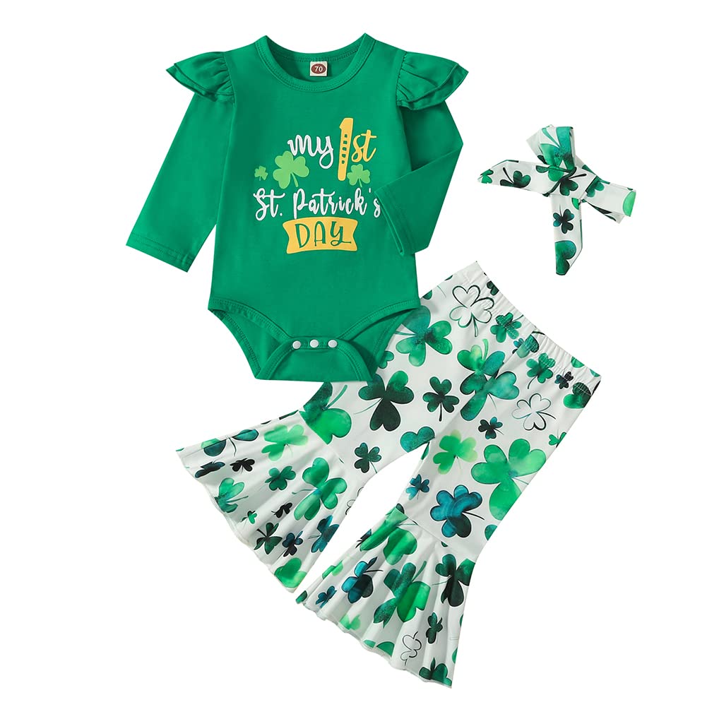 AIKSIWAI Newborn Baby Girl St. Patrick/Easter Day Outfit Print Romper Tops Bell Bottom Pants Headband 3Pcs Clothes Set