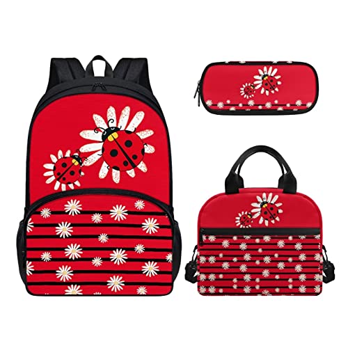 Agoviwo Ladybug Design School Backpack Set for Girls 10-12 Years Old Book Bag, Lunch Bag and Pencil Case