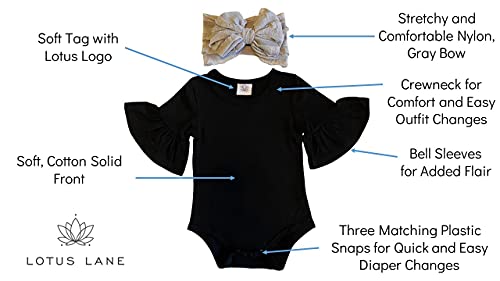 Lotus Lane Baby Onesie Black Onesie Bell Sleeve Romper Flared Ruffle Bodysuit Stretchy Big Bow Headband Outfit