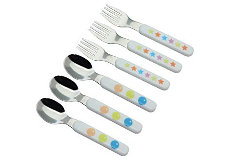 ANNOVA Kids Silverware 6 Pieces Stainless Steel Children's Flatware Set 3 x Forks, 3 x Dinner Spoons Plastic Handle, Toddler Utensils Without Knives, for Babies, Infants BPA Free - Dots Stars