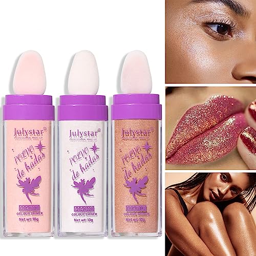 3 Colors Polvo De Hadas Highlighter Powder, Body Brightens Face Blusher Patting Makeup Glitter Stick with Sponge Set for Hair Cosmetic