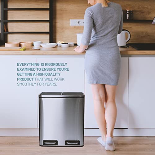 AWENN - Dual Kitchen Garbage Trash Can with Lid and Pedal - Touchless Round Shape Waste Bin - Stainless Steel Dustbin for Kitchen, Bathroom, Office and Outdoors β Black (7.9 Gallon β 30 Liters)