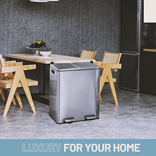 AWENN - Dual Kitchen Garbage Trash Can with Lid and Pedal - Touchless Round Shape Waste Bin - Stainless Steel Dustbin for Kitchen, Bathroom, Office and Outdoors โ Black (12.7 Gallon โ 48 Liters)