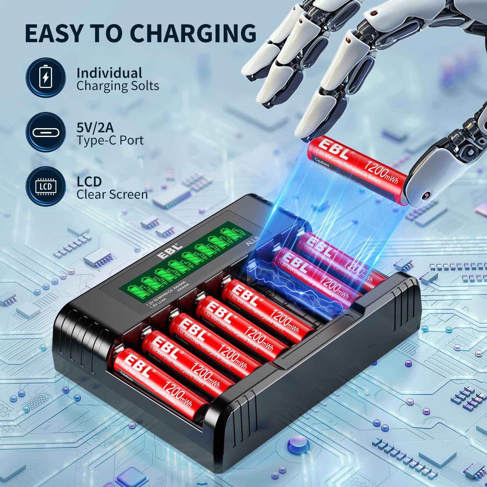 EBL AAA Lithium Rechargeable Batteries, 8 Pack 1.5V Triple AAA Batteries 1200mWh, Over 1200+ Cycles Times with 1.5V & 1.2V Universal AA AAA Battery Charger