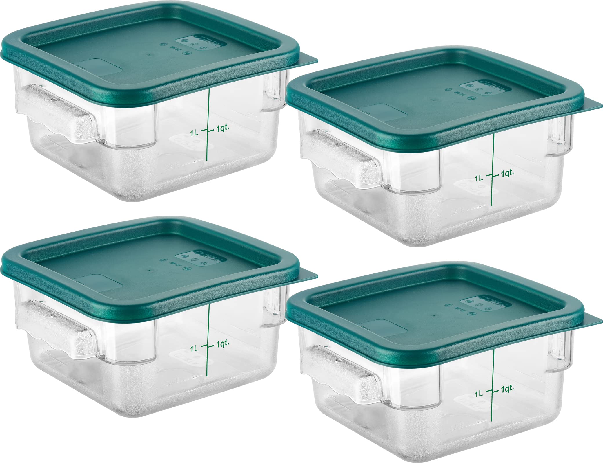 CURTA 4 Pack Food Storage Container with Green Lid - NSF Listed Commercial Grade in 2.0 Qt - Square, Clear, Polycarbonate