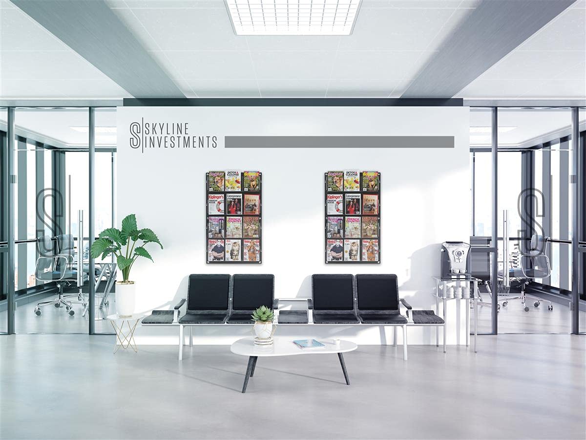 Displays2go Wall Pamphlet Display, Acrylic, 12/24 Adjustable Slots, Aluminum Standoffs - Black (2RP12BLK)