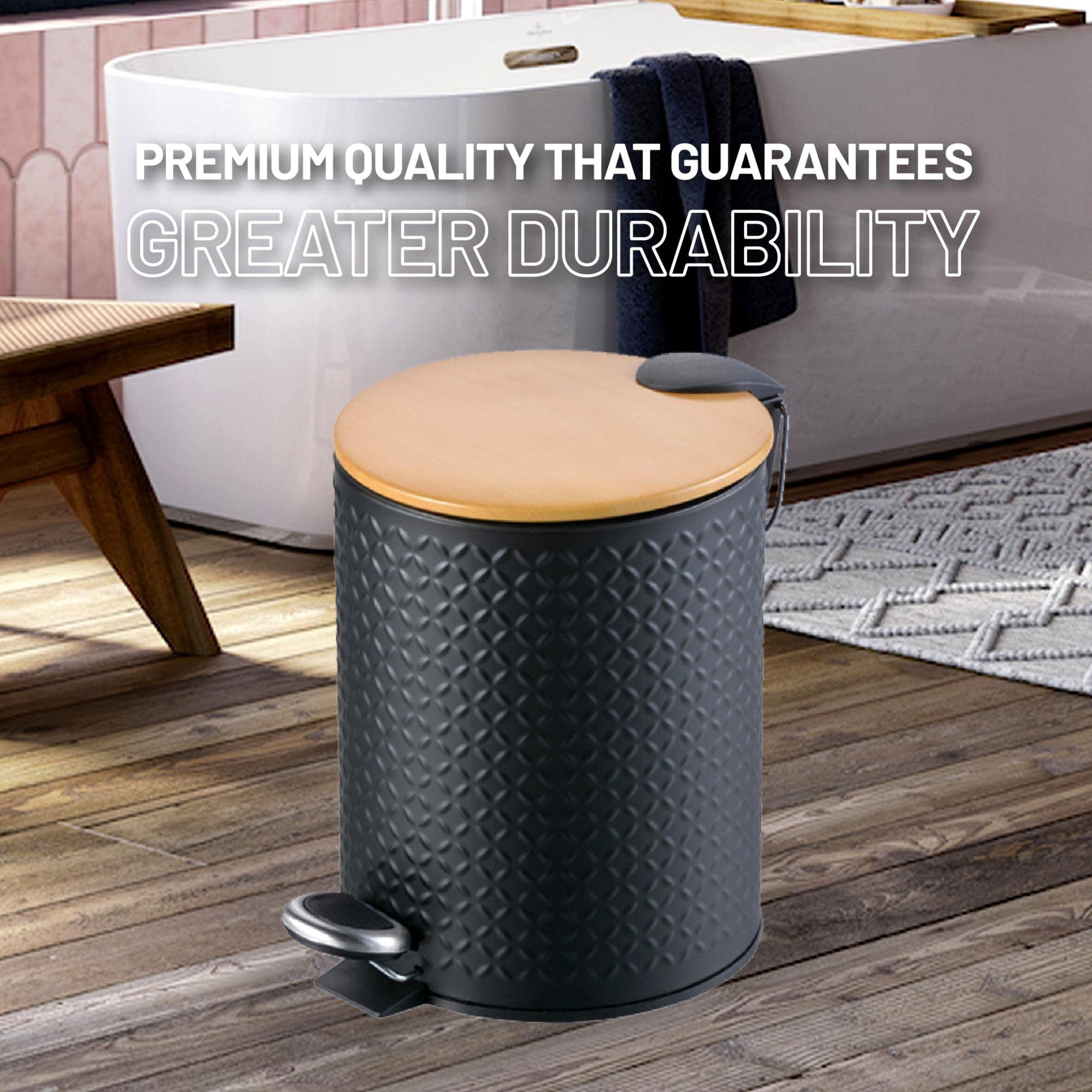 AWENN - Kitchen Garbage Trash Can with Wooden Lid and Pedal - Touchless Round Shape Waste Bin - Stainless Steel Dustbin for Kitchen, Bathroom, Office and Outdoors – Black (1.3 Gallon – 5 Liters)