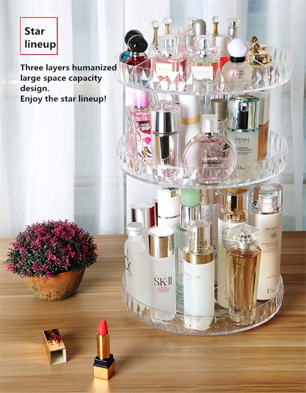 BOTIDE Diamond Pattern Three Layers Perfume Organizer, 360 Rotating Diamond Cosmetic Storage Box Transparent Acrylic Swivel Shelf Desktop Skin Care Product Dresser Finishing, Plus Size