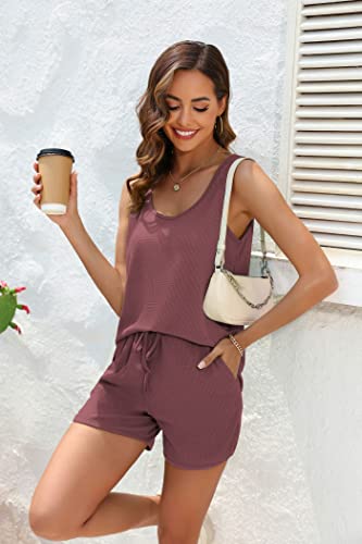 Andeip Waffle Knit Pajama Sets for Women Breathable Lounge Sets Sleeveles Top and Elastic Shorts pj Set Red L