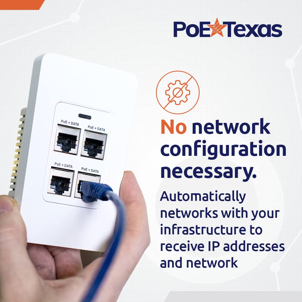 PoE Texas 4 Port Inwall Gigabit PoE Extender - Power Over Ethernet in-Wall Switch Plate with IEEE 802.3bt Uplink & Full Passthrough VLAN, Extend WiFi Access Point, Computer Network, VoIP & More