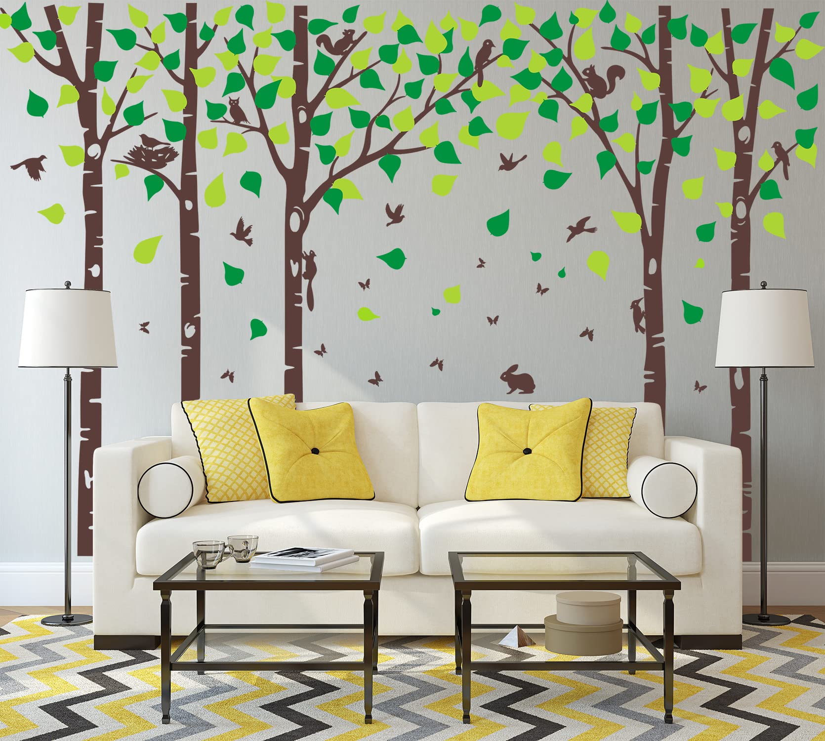 5 Large Birch Tree Wall Decals Jungle Tree Wall Stickers Forest Animal Wall Stickers Squirrel Rabbit Stickers for Kids Room Nursery Bedroom Living Room Classroom Wall Decoration (100", Brown,Green)