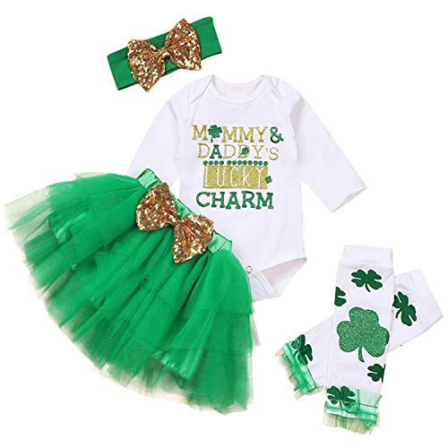 WALSONER My 1st ST.Patrick's Day Outfit Baby Girl Long Sleeve Romper Suspender Skirts with Headband clothes (Green-A, 0-3 Months)