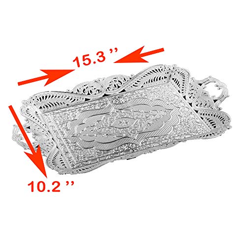 Silver Turkish Tea Coffee Serving Tray with Handles Metal for Outdoor Bar Dresser Platter Table Kitchen Antique Wedding Moroccan Copper Vanity Rectangle Fancy Brass Style Decorative Tray