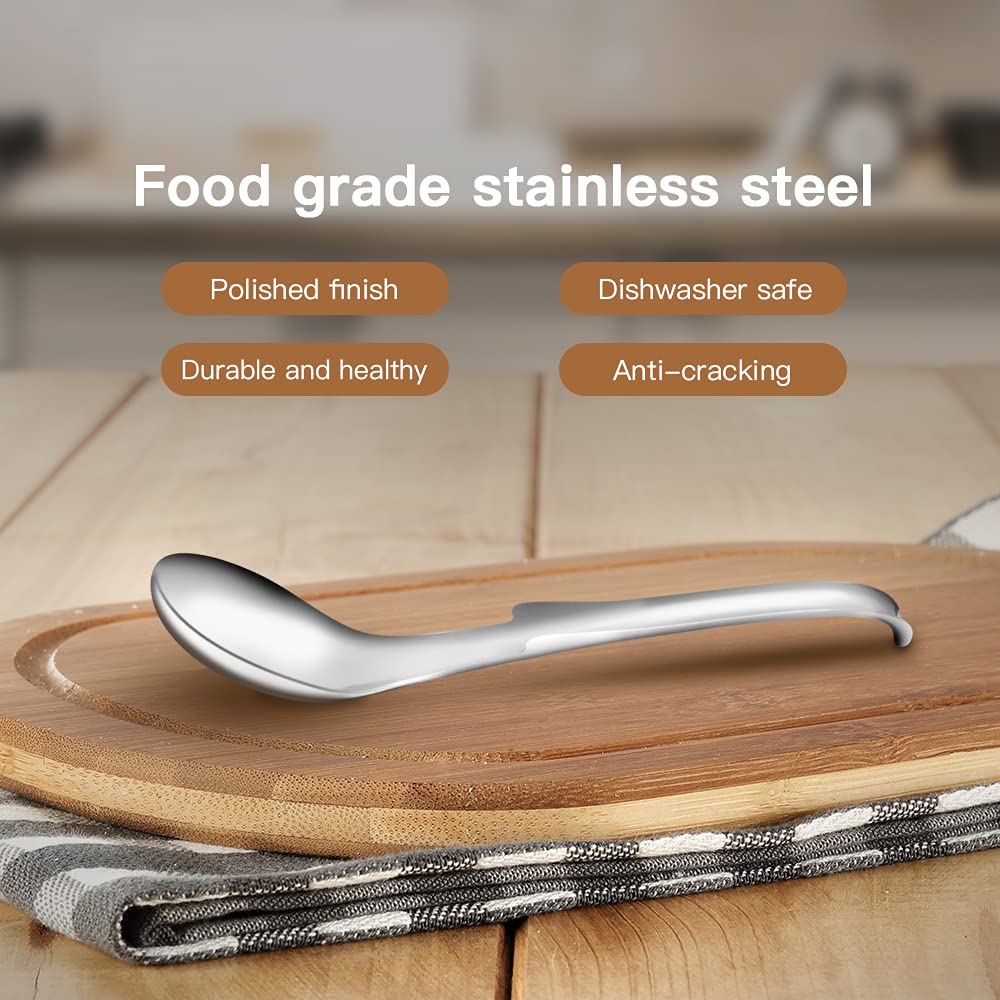 Asian Soup Spoons,Stainless Steel Dinner Spoons 10pcs Rice Spoons, Chinese Won Ton Soup Spoon, Notch and Hook Style