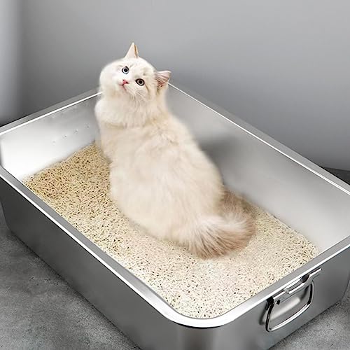 Generic Open Litter Box, Indoor Cats Kitty Litter Pan Stainless Steel Deep Toilet Sturdy Cat Sand Box for Bunny Small Medium Large Cats, 50cmx35cmx10cm