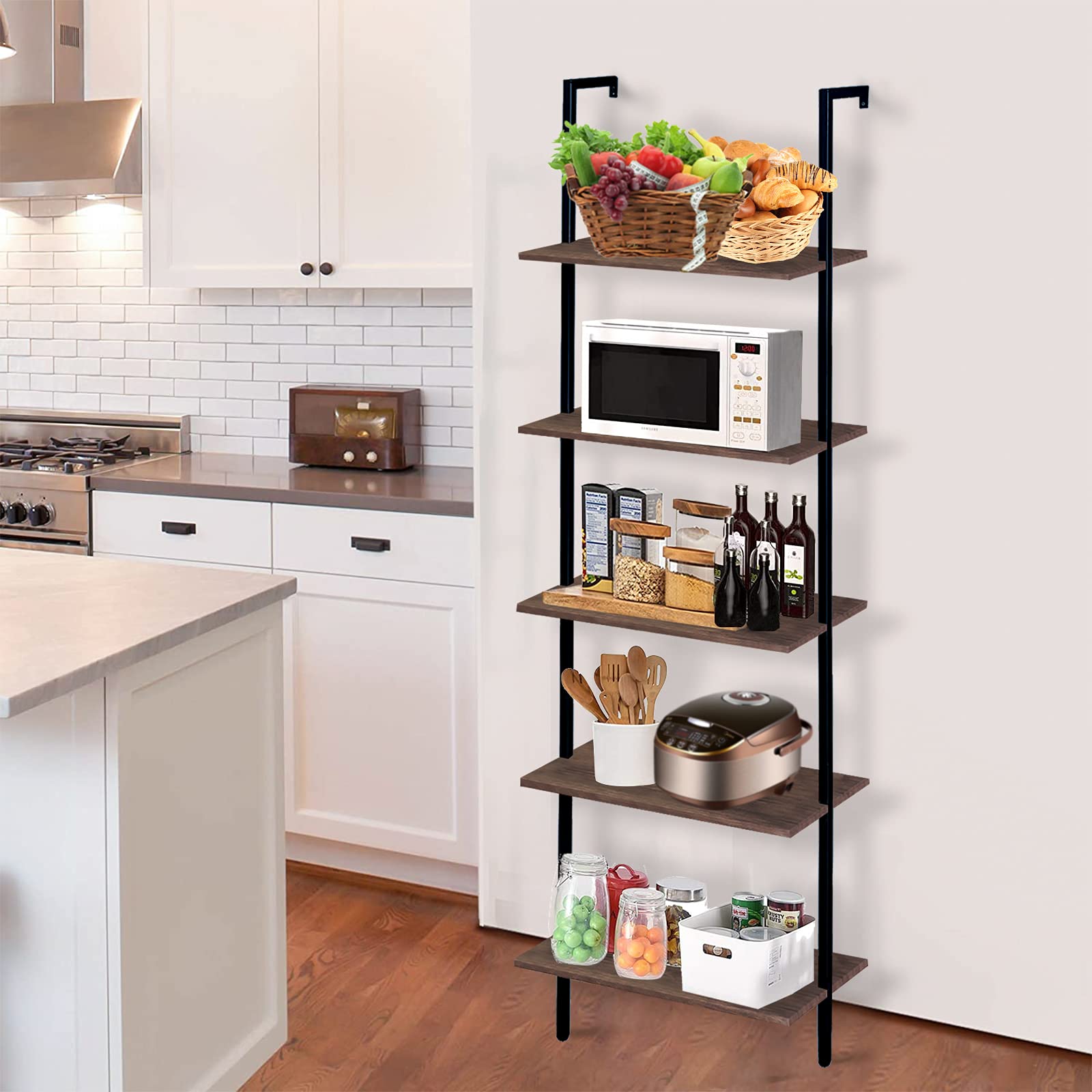 aboxoo Ladder Shelf Open Bookshelf 5-tier Wall-mounted Wood Bookcase Storage Rack Open back Industrial Modern Plant Flower Stand Utility Organizer Bookcase Metal Frame Furniture Office Kitchen Bedroom