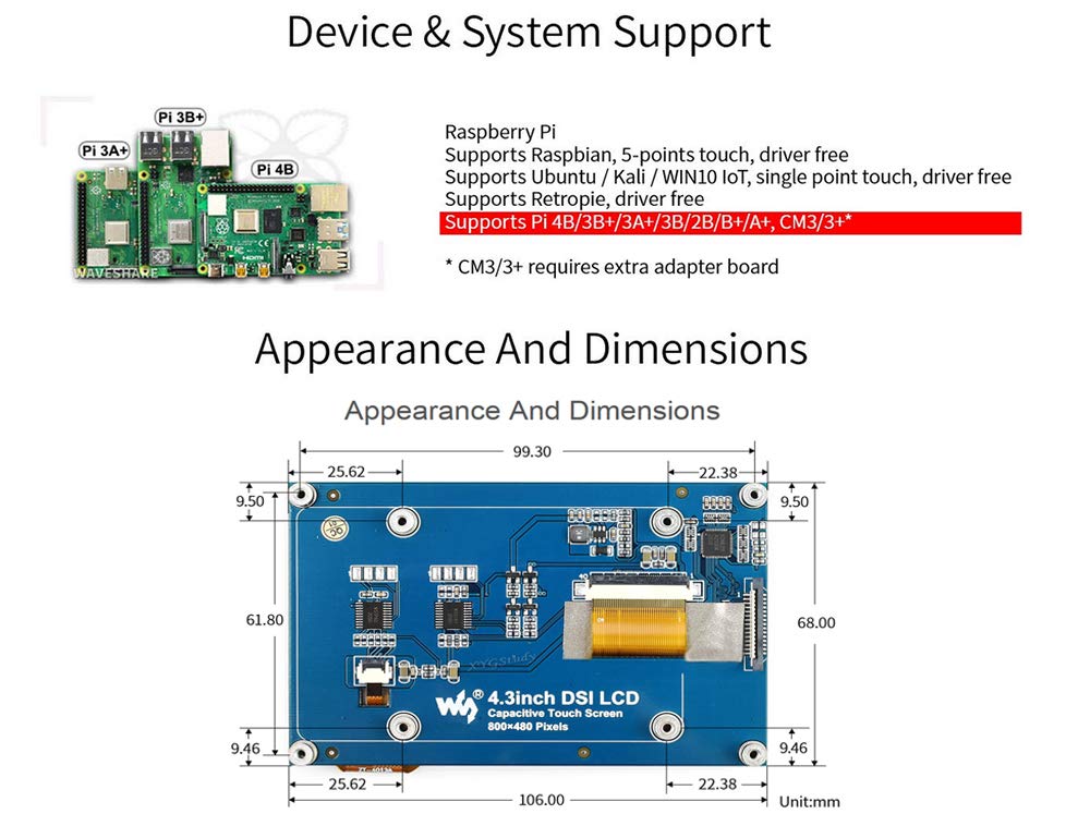 XYGStudy 4.3inch for Raspberry Pi IPS LCD Capacitive Touch Display Screen 800×480 4.3inch IPS Wide Angle MIPI DSI Interface for Raspberry Pi 4 3 2 Model B B+ A+ Raspbian Retropie Ubuntu Driver Free