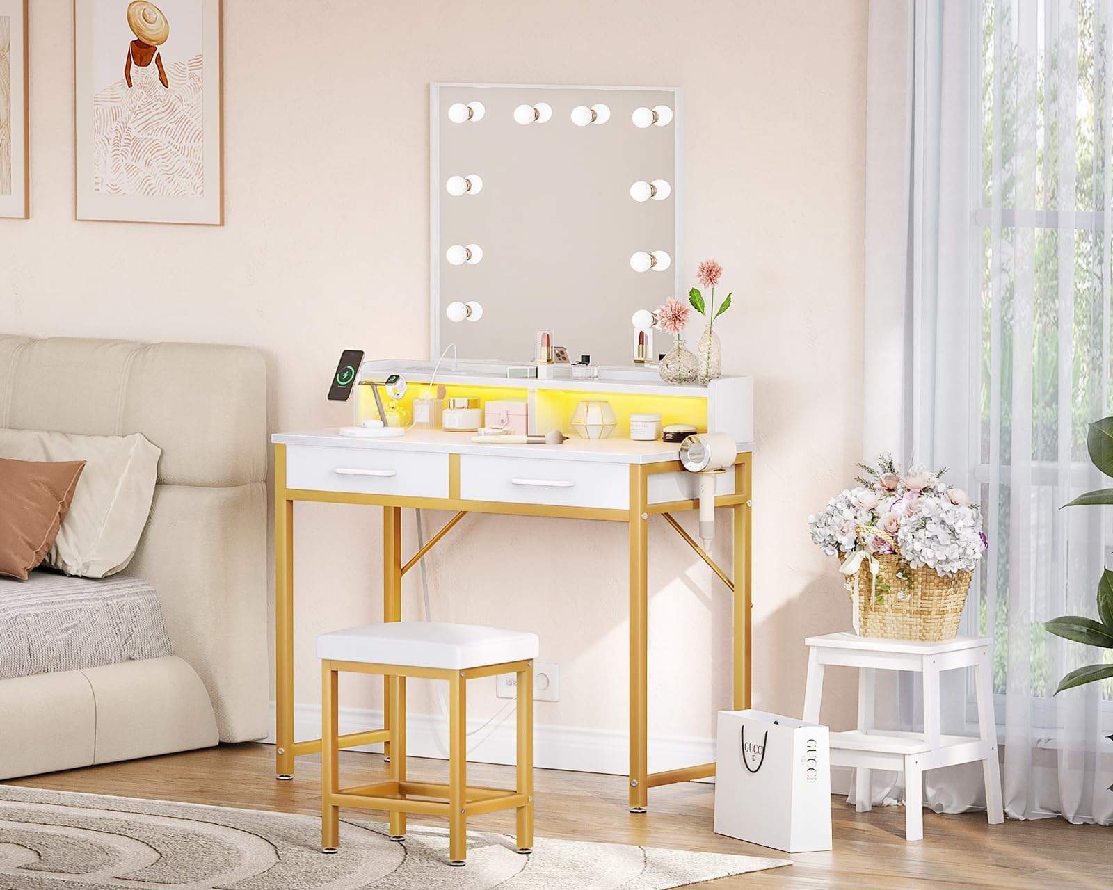 AODK Vanity Desk with Vanity Chair, Makeup Vanity with LED Lights, White Small Vanity Desk Without Mirror, 32 Inch Makeup Table for Small Space with 2 Fabric Drawers, Desk Make Up Vanity for Girls