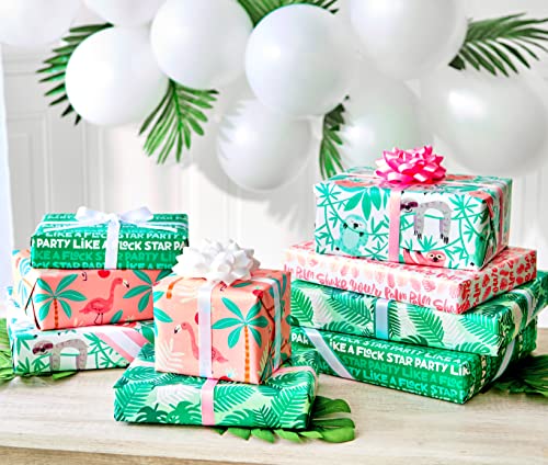 American Greetings Reversible Palms, Sloths, Flamingo Wrapping Paper for All Occasion, Green and Pink (3 Rolls, 120 sq. ft.)
