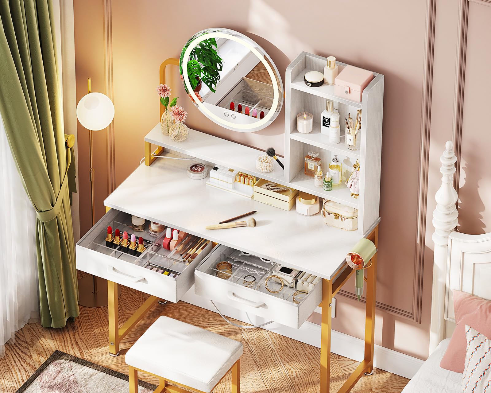 AODK Vanity Desk with Mirror and Lights, 32 Inch Makeup Vanity Mirror with Lights Desk and Chair, Small Vanity Desk Mirror for Bedroom, White Vanity Table with Fabric Drawers Makeup Table Desk, White