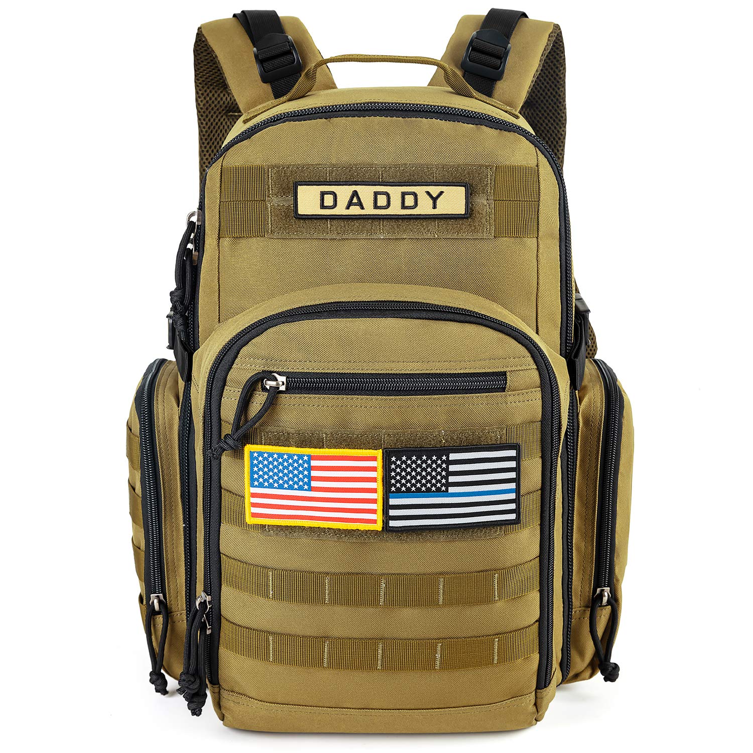 MIRACOL Military Diaper Bag for Dad - Large Diaper Backpack with 12+ Compartments - Insulated Bottle Pockets Quick-Access Wipe Dispenser for Travel Hiking Camping Tan