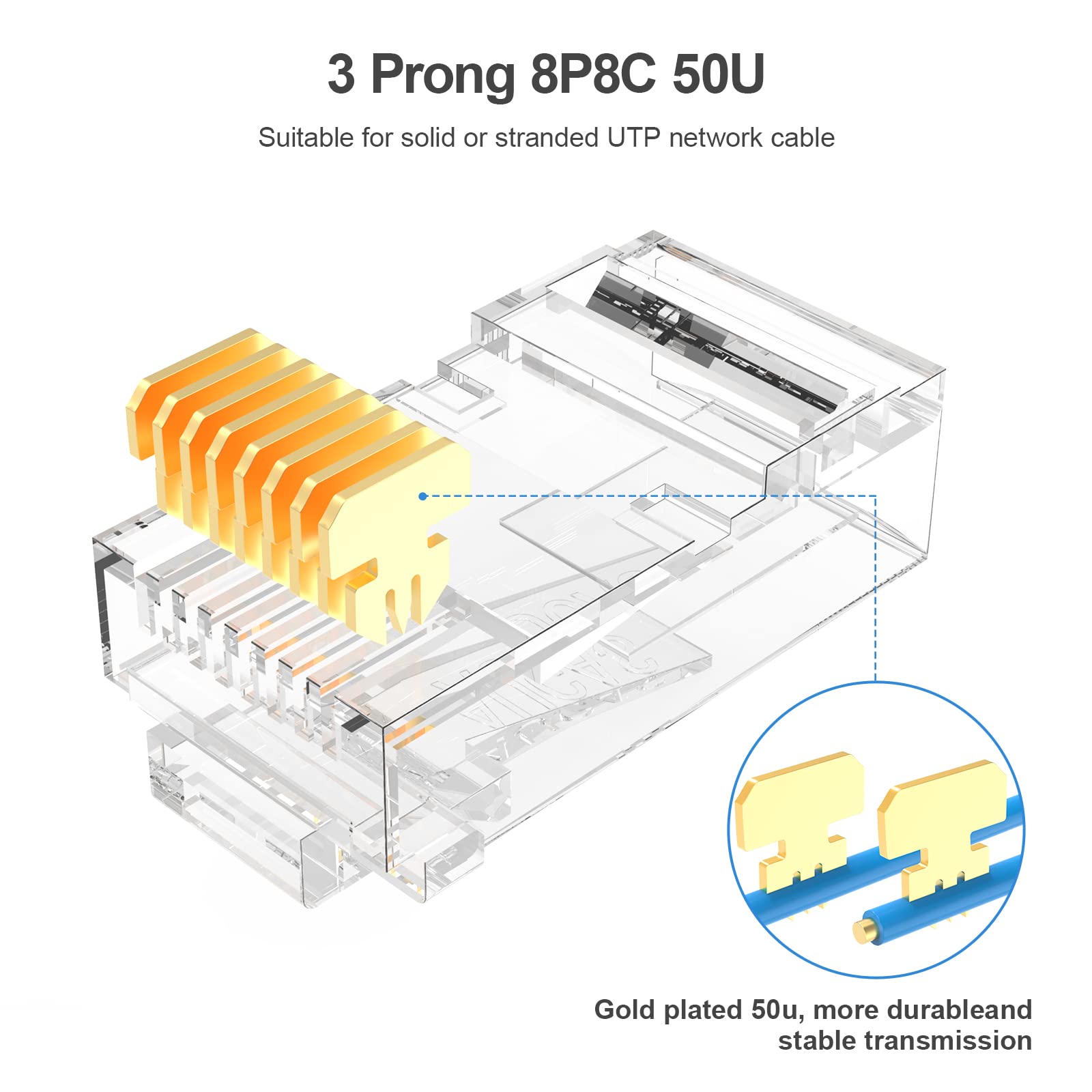 AUCAS 2 Piece Cat6 RJ45 Connector, End, Modular Plug, Connection, Gold Plated 50μ 8P8C for 23-24 AWG, Wire 1.0-1.1mm UTP Unshielded Cat6 Cat5e Solid or Stranded Ethernet Network Cable, 50 Pack