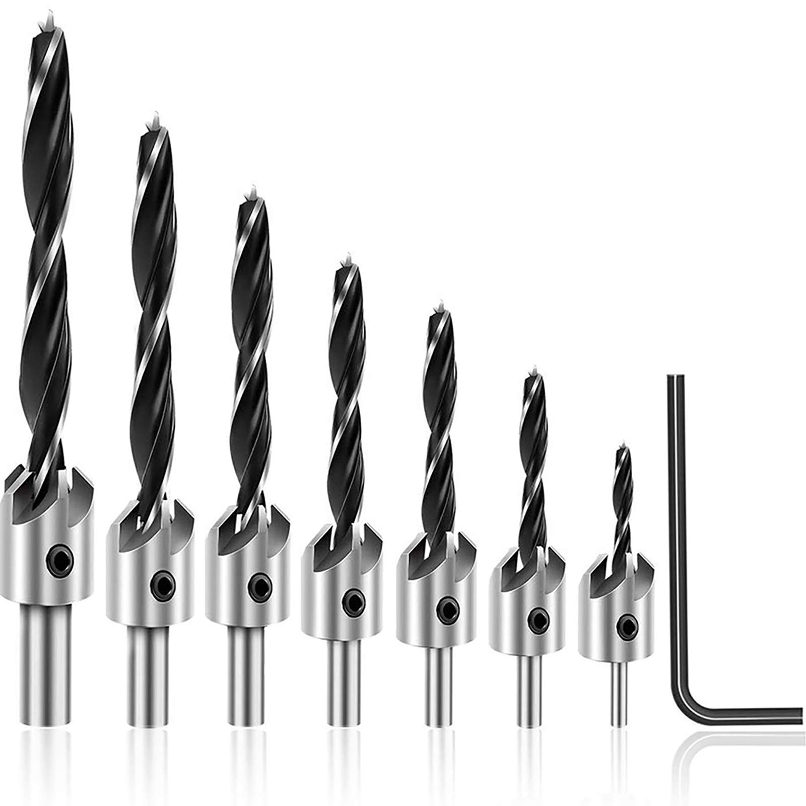 Countersink Drill Bit, Golden^Li 7 PCS 3-10mm HSS Woodworking Drill Bits Set Chamfering Counter Bits with One Hex-Key, Adjustable Carpentry Reamer Plated Perfect for Plastic Metal Wood DIY