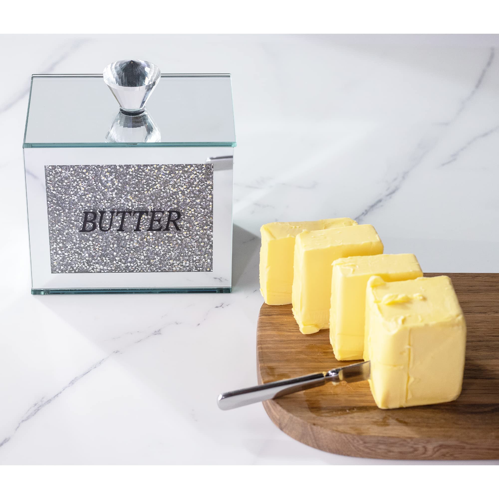 5.9"x3.9"x5.1" Butter Container Box with Lid, Glass Cheese Tank Storage Box Filled with Sparkly Crystal Crushed Diamonds, Keep Butter Cheese Fresh & Sparkle, Ideal for Kitchen, Dining Room
