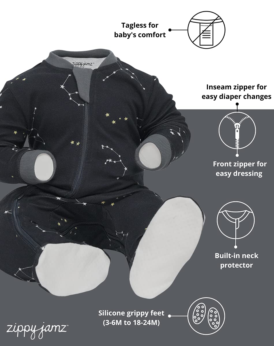zippyjamz β Zipper Organic Sleeper Footed Baby Pajamas with Inseam Zipper (Galaxy Love - Navy, 6-9 months)