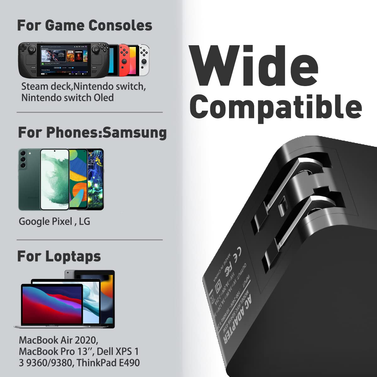 45W USB C Charger for Steam Deck and Nintendo Switch,Foldable Power Adapter Supports Super Fast Charging,AC Adapter Compatible with Laptops Tablet