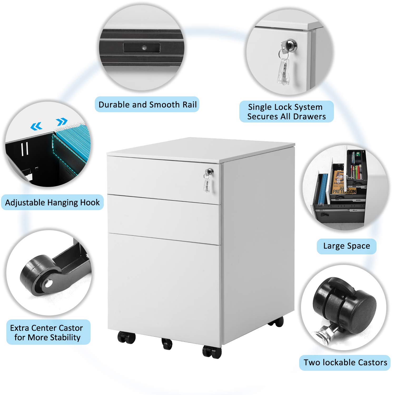 3 Drawer File Cabinet with Lock,Fully Assembled Mobile Metal Filing Cabinet for Home and Office, Steel, White