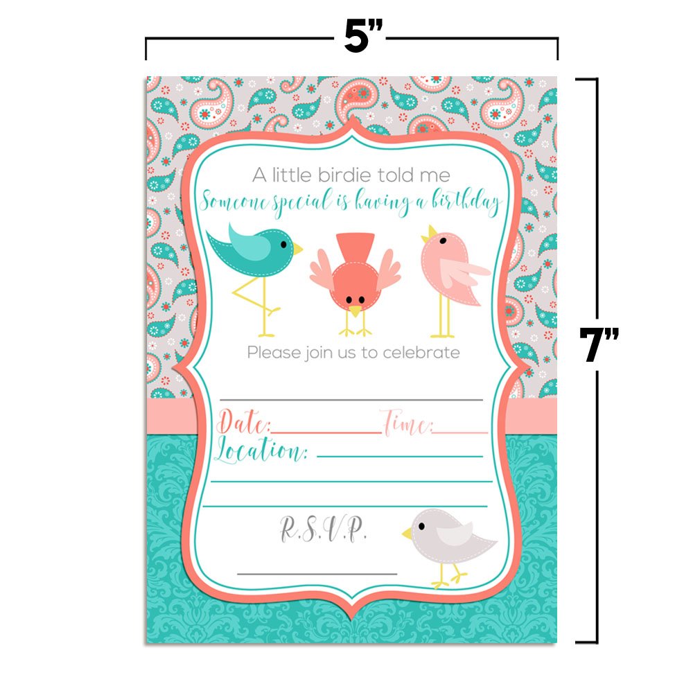 A Little Birdie Told Me Themed Birthday Party Celebration Invitations, 20 5x7 Fill In Cards with Twenty White Envelopes by AmandaCreation