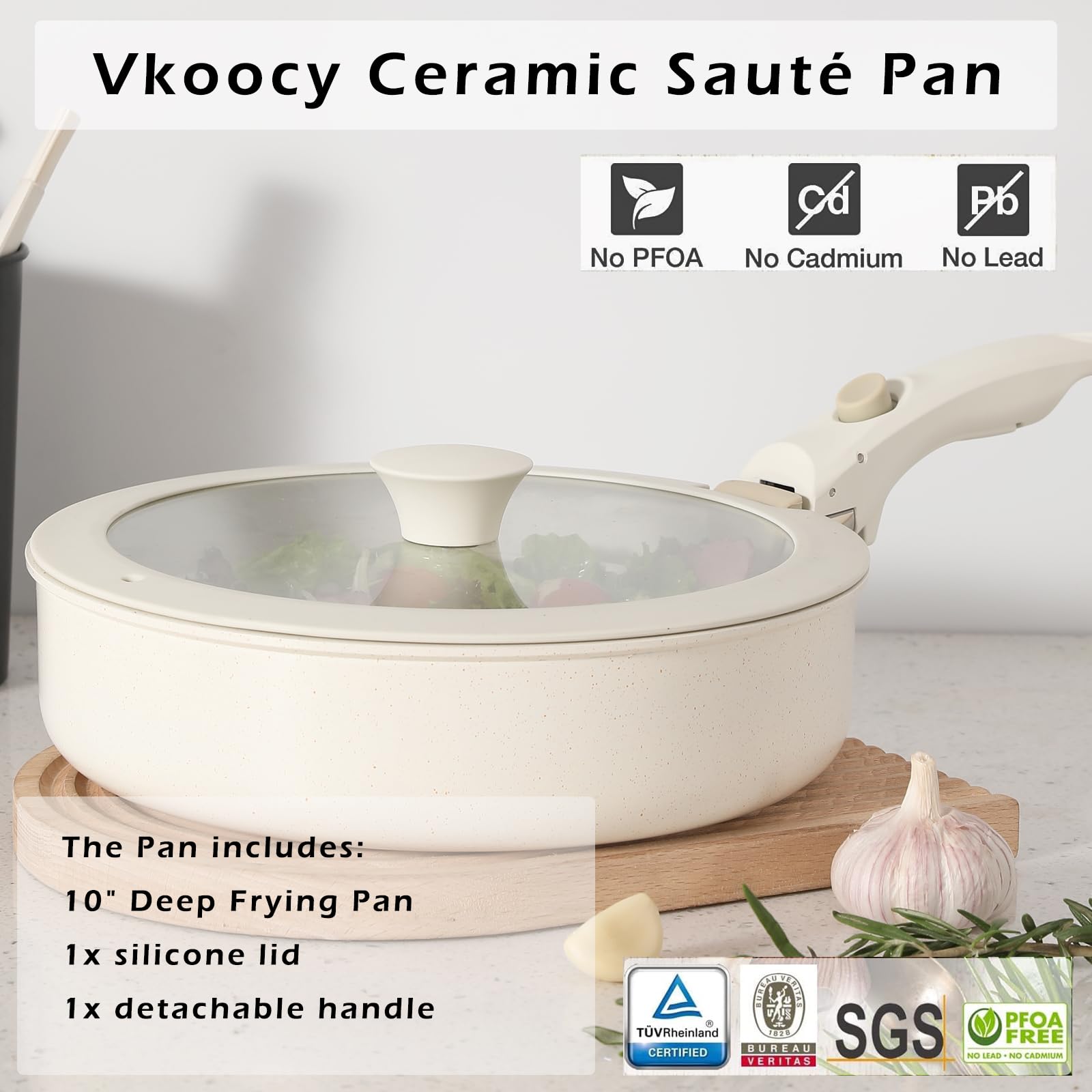 vkoocy Nonstick Deep Frying Pan Skillet, 10.5-inch Saute Pan with Lid, Removable Handle, Healthy Ceramic Cookware Cooking Pan, Gray with Pattern