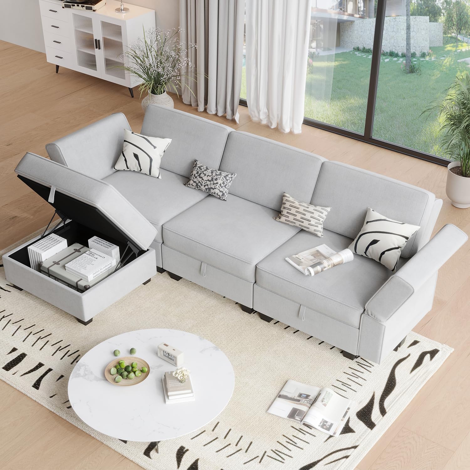 VOWNER Convertible Modular Sectional Sofa Sleeper Couch U Shaped Modular Sofa with Storage Seat, 6 Seat Sectionals Couch Grey