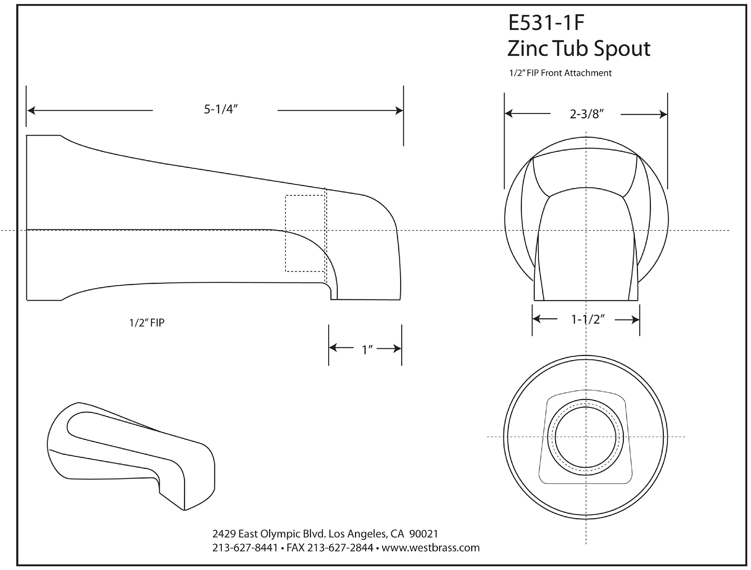 Westbrass E531-1F-62 5-1/4" Standard Front Connection Tub Spout, Matte Black