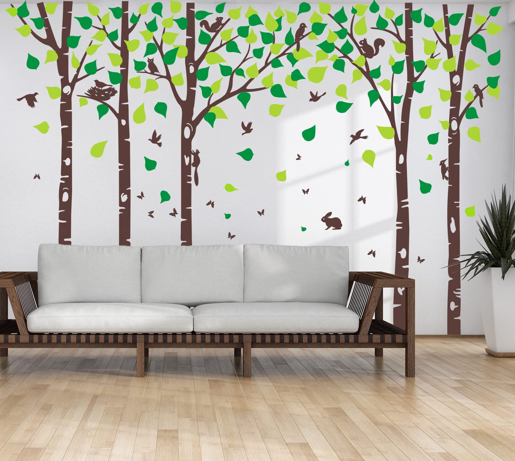 5 Large Birch Tree Wall Decals Jungle Tree Wall Stickers Forest Animal Wall Stickers Squirrel Rabbit Stickers for Kids Room Nursery Bedroom Living Room Classroom Wall Decoration (100", Brown,Green)