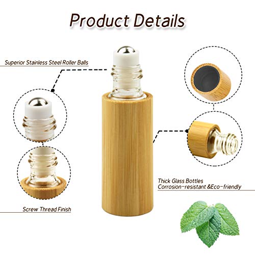 AUHOKY 12Pcs 5ml Bamboo Roll on Bottles for Essential Oils, Portable Massage Oil Bottle with Stainless Steel Roller Ball, Reusable Travel Perfumes Sample Lip Gloss Container (1 Opener)