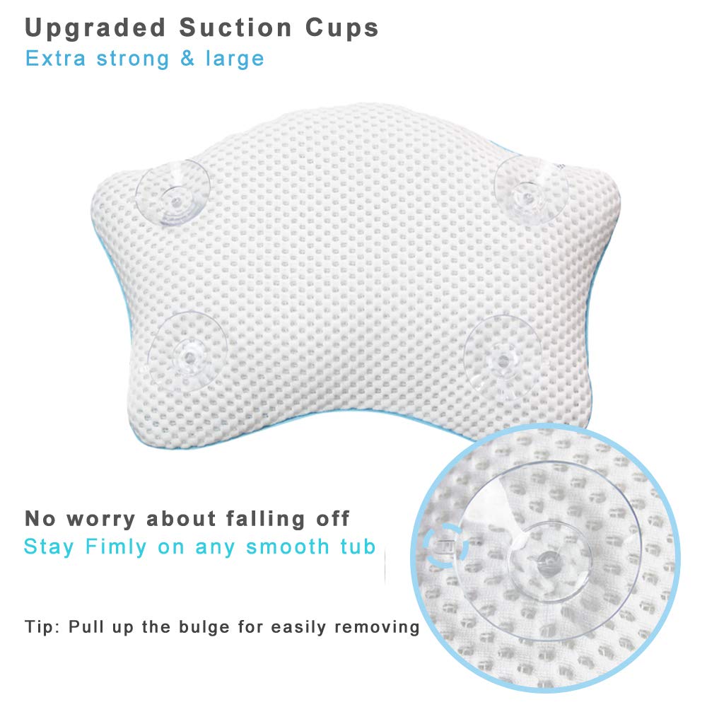 Non Slip Bath Pillow, Luxury Spa Bathtub Head & Neck Rest Support, Permeable Quick Drying Air Mesh Tub Pillow with 4 Large Suction Cups, Fits Any Tubs, Soft and Relaxing