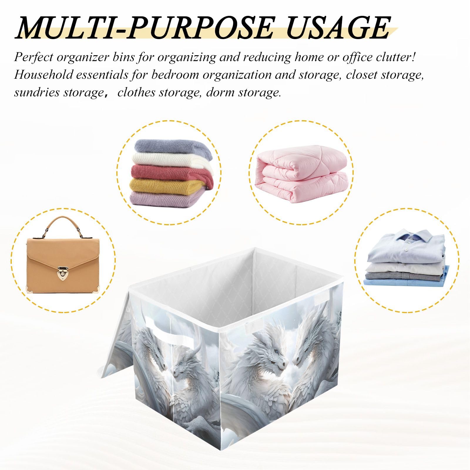 ALAZA Storage Bins Organizer Box Baskets Lidded Clothes for Shelves Closet Dragon White Collapsible Stackable Storage Cubes Handles